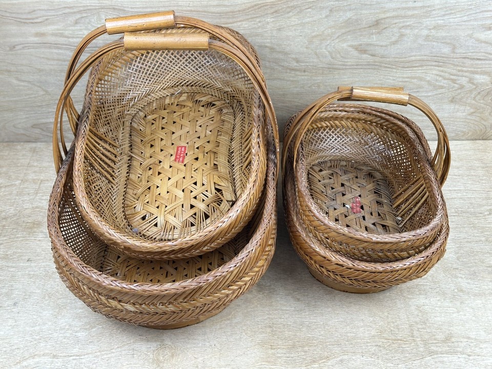 Vtg 4 Nesting Baskets Handle Hand Woven Oval Gathering Peoples Republic ...