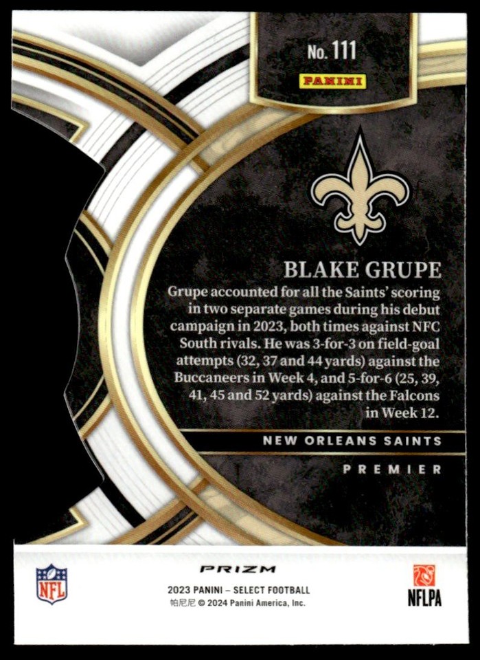 Blake Grupe 2023 Panini Select #111 Silver Prizms Die Cuts Saints ...