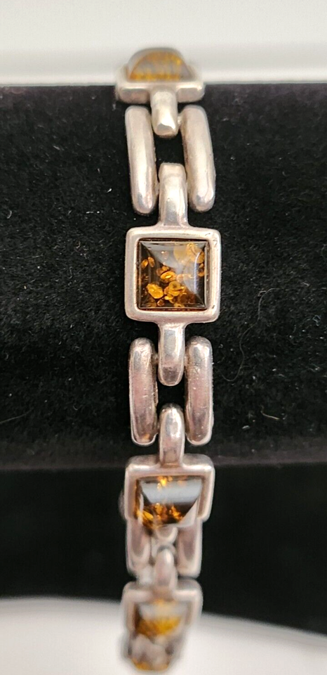 Sterling Silver 925 Amber Square Link Bracelet 7.25" | eBay