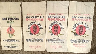 Vintage Lot of 4 80 Pound Cloth Rice Bags / Sacks 3 Kokuho Rose and Moo ...