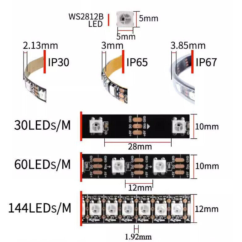 1-5M WS2812B 5050 LED Light 144 150 300 5V RGB Leds Individual ...
