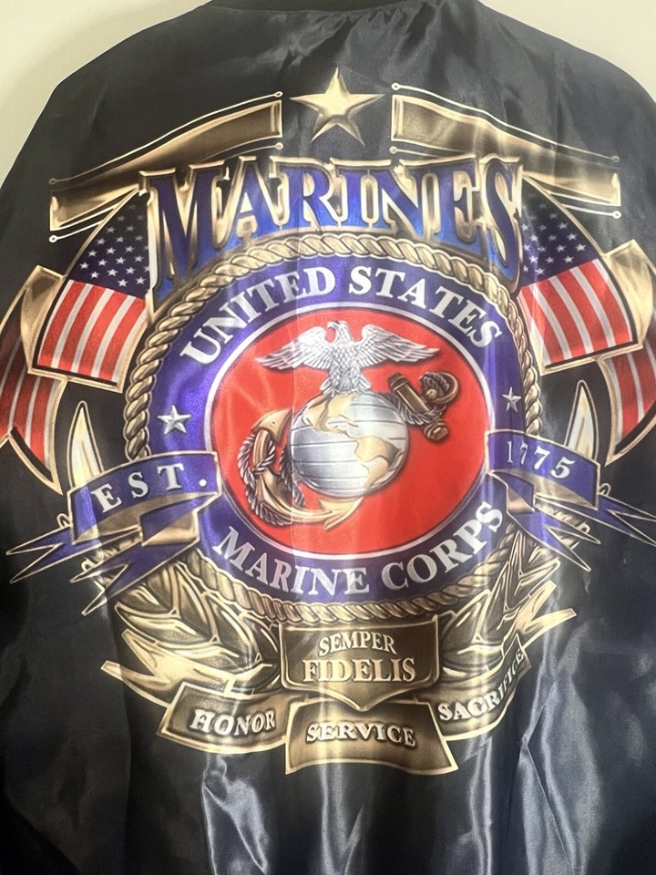 Vintage US MARINE Corps BLACK RARE Satin Nylon Bomber Jacket USMC USA ...