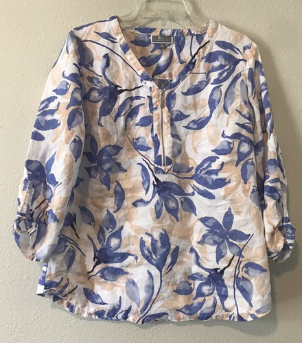 JM Collection 100% Linen Floral Blouse Zipper V-Neck 3/4 Sleeve Size ...