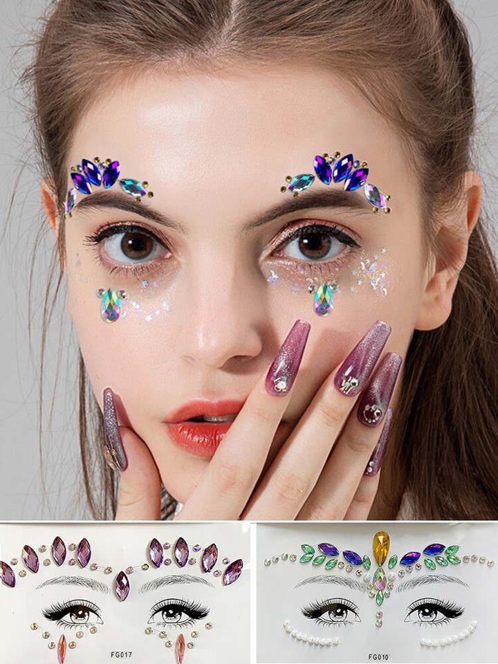 Face Tattoo Stickers Glitter Fake Tattoos Rhinestones Woman Temporary ...