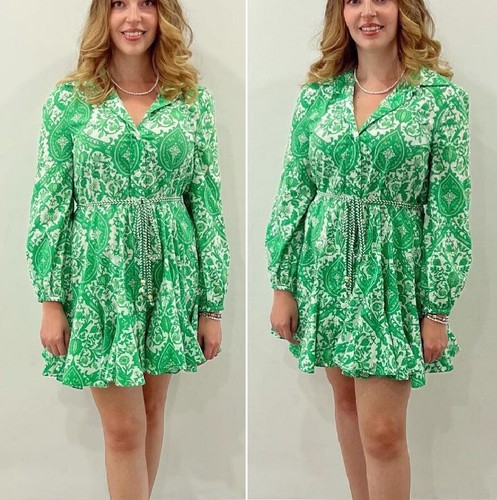 ZARA GREEN PAISLEY FLORAL PRINT MINI SHIRT DRESS VOLUMINOUS SKATER ...