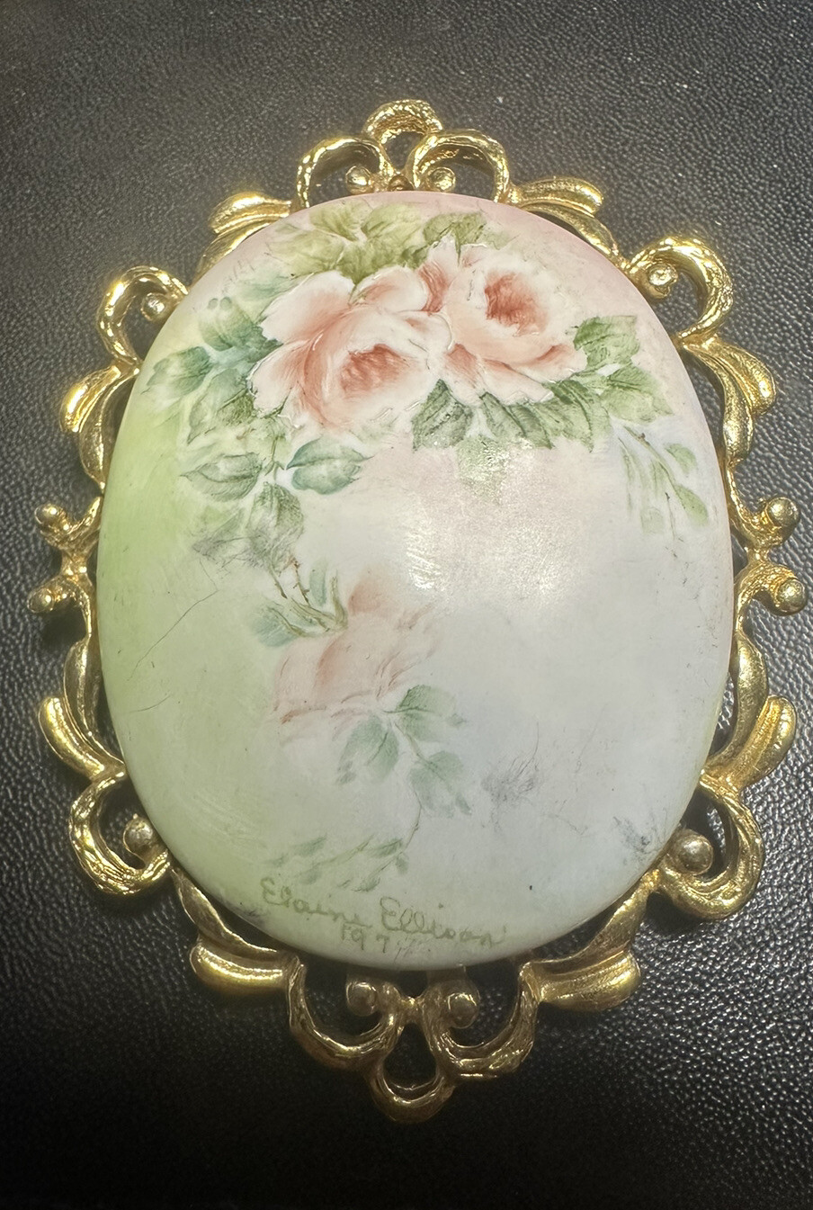 Vintage Hand Painted Brooch - Floral Theme Roses - Signed Elaine ...