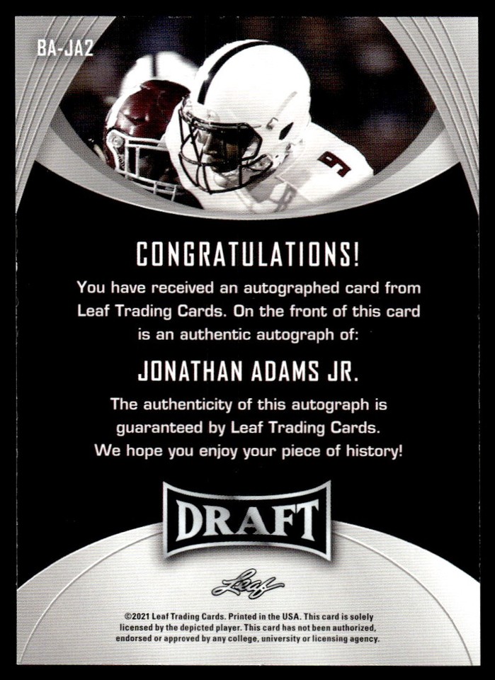 2021 Leaf Draft Autographs Jonathan Adams Jr. Auto Arkansas State Red ...