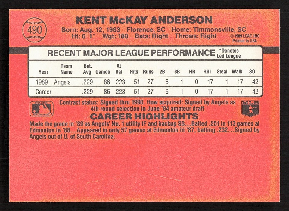 1990 Donruss Rookie Kent Anderson #490 California Angels | eBay