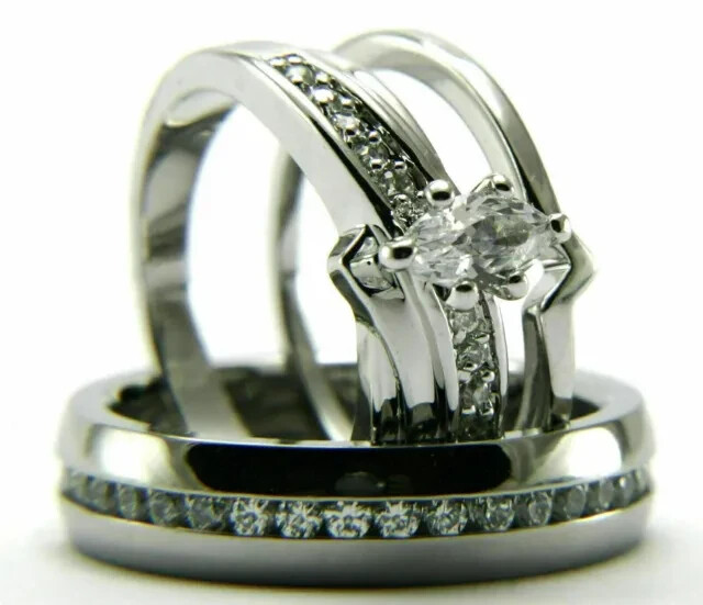 14k White Gold Plated 2Ct Round Cut Simulated Diamond Trio Ring Set His ...