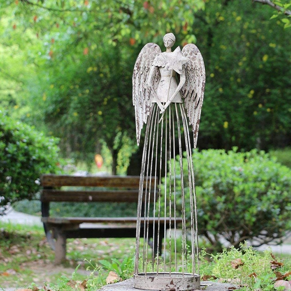 Antiqued Metal Garden Angel Statue Set of 2, Indoor Outdoor Angel Yard ...