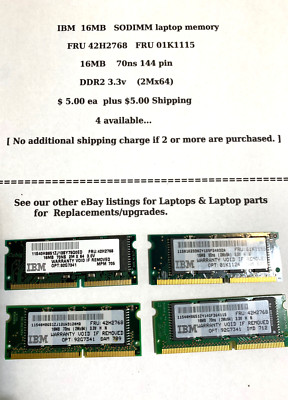 16MB 16 MB IBM Laptop SoDIMM 144-pin 70ns DDR2 3.3v (2Mx64) FRU 42H2768 ...