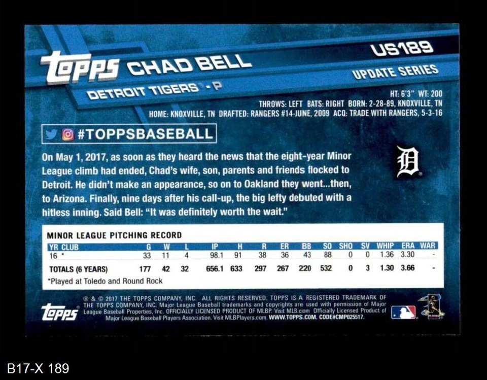 2017 Topps Update #189 Chad Bell Tigers RC 8 - NM/MT | eBay