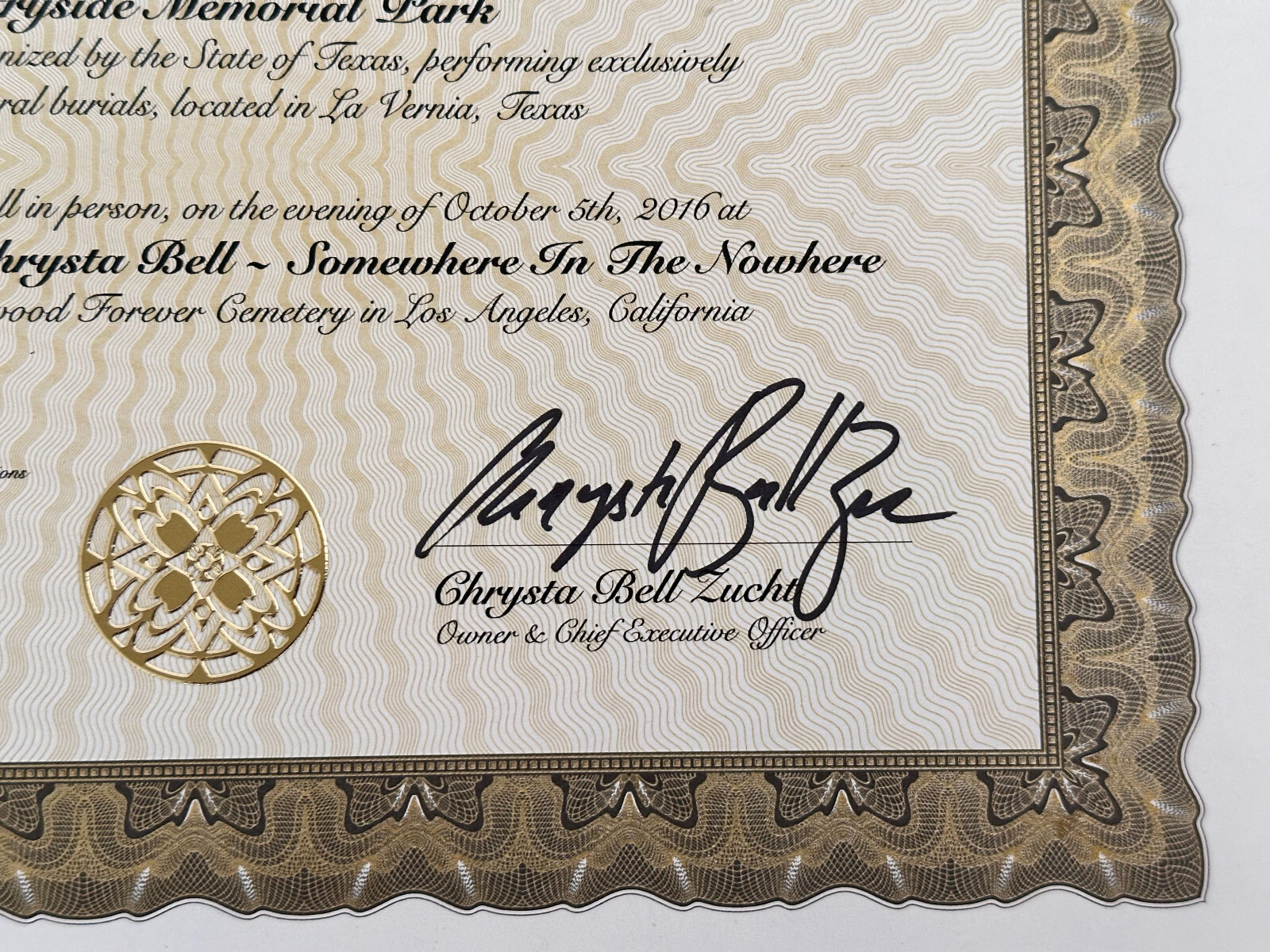David Lynch Presents Chrysta Bell - Natural Burial Plot Certificate ...