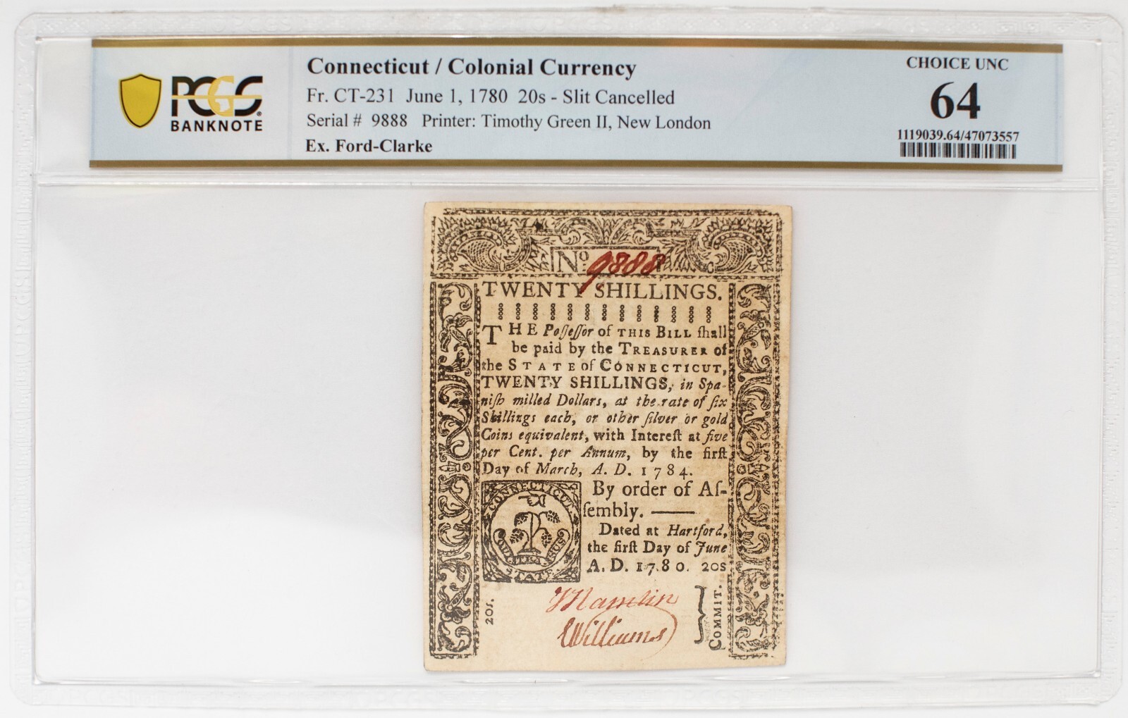 Fr. CT-231, June 1, 1780, 20 Shilling, Connecticut Colonial Currency ...