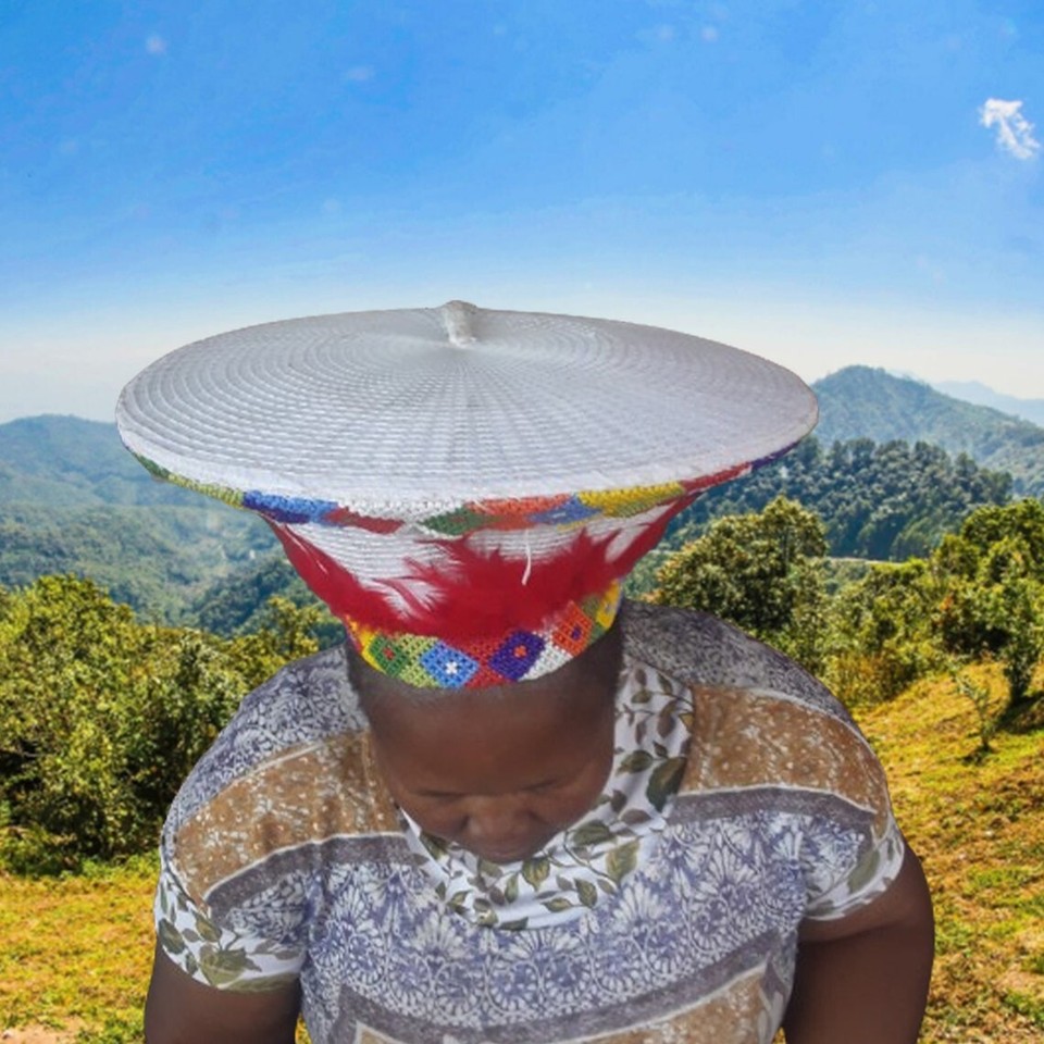 Traditional White Zulu Isicholo Hat with Multicolored Beadwork & Red ...
