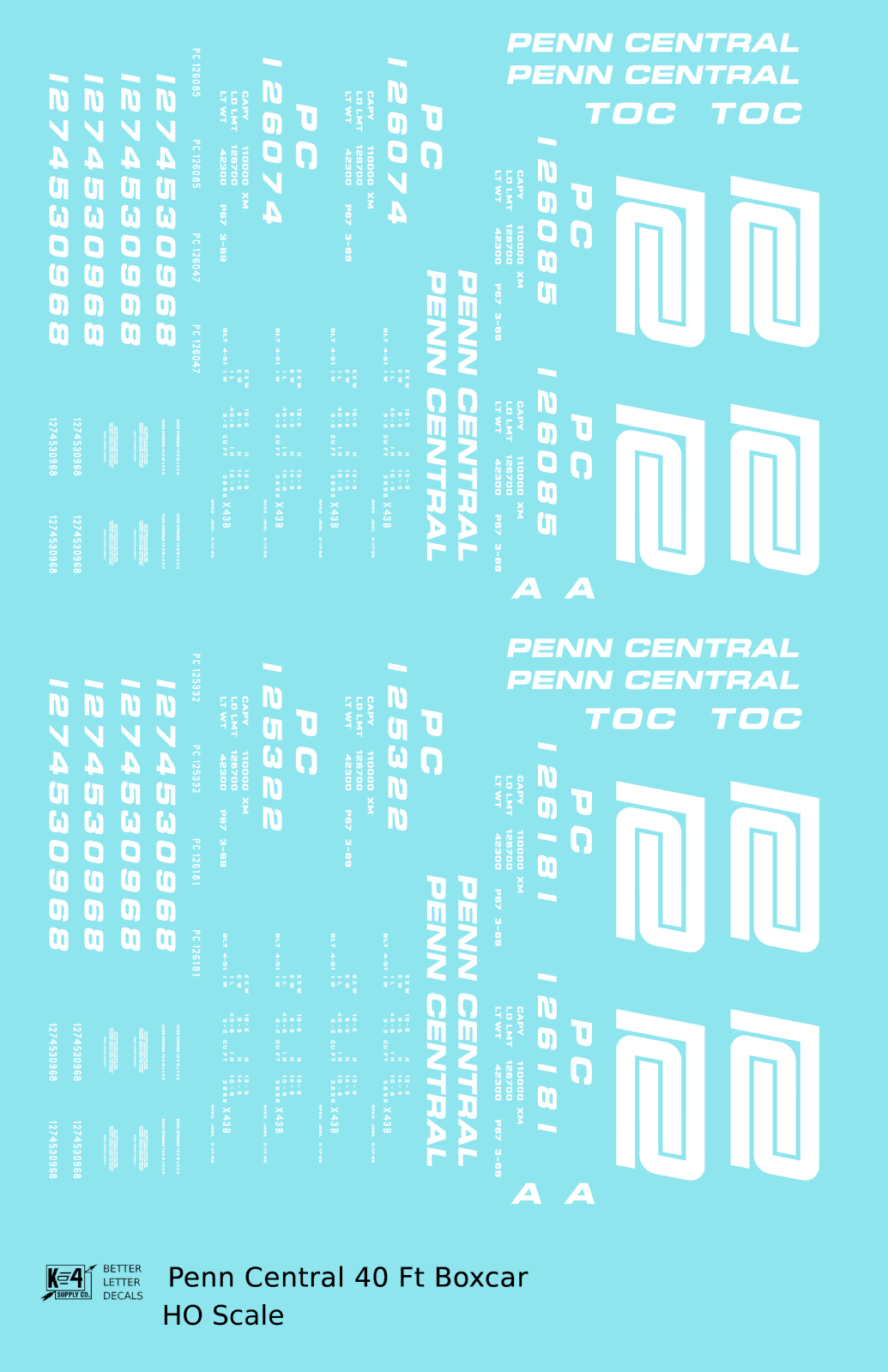 K4 HO Scale Decals Penn Central PC 40 Ft Boxcar White | eBay