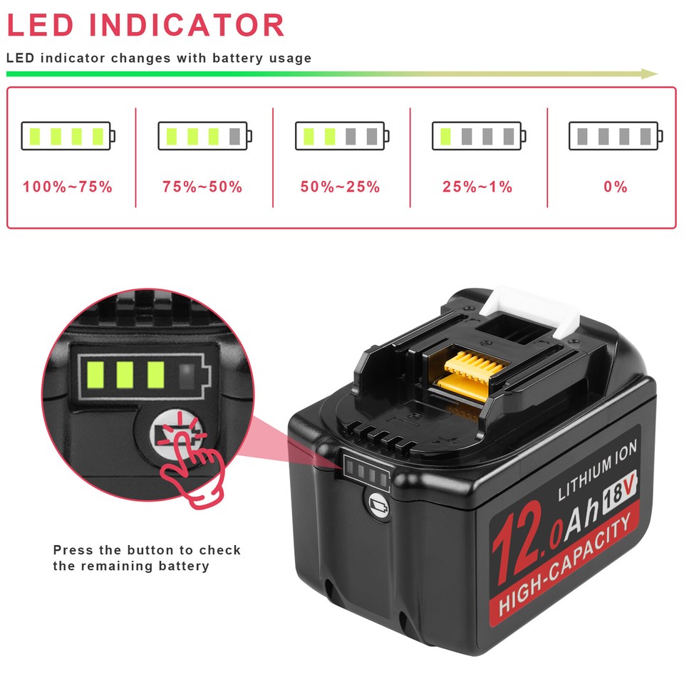 1-2X 12Ah For Makita 18V Battery BL1830 BL1850 BL1860 BL1890 W/LED ...