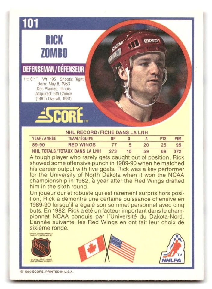 Rick Zombo 1990 Score Canadian HOCKEY #101 Detroit Red Wings | eBay
