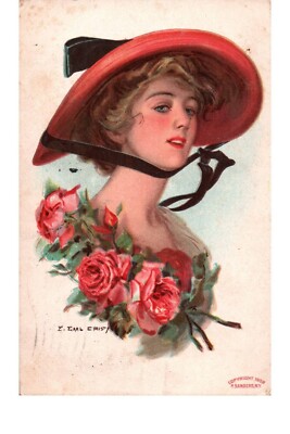 Postcard F. Earl Christy Lady with Red Hat and Roses P. Sanders ...