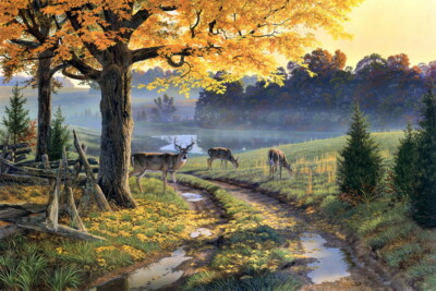 Autumn landscape Deer Oil painting Wall Decor HD Giclee Printed on ...