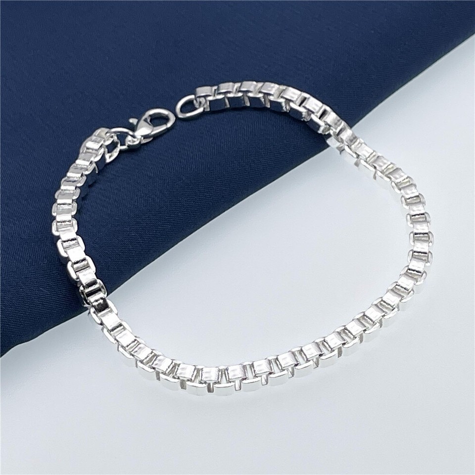 Fashion 4MM Silver Square Box Chain Women 925 Pendant Bracelet Chain ...