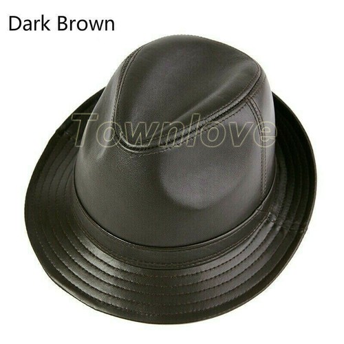 Classic Men Genuine Leather Trilby Hat Fedora Cap Wide Brim Vintage ...