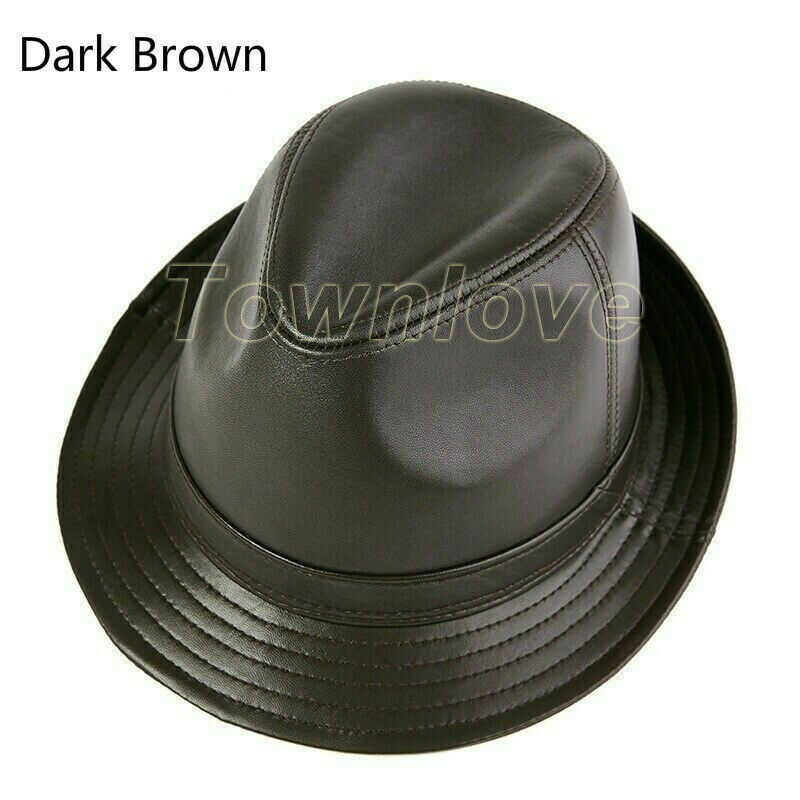 Classic Men Genuine Leather Trilby Hat Fedora Cap Wide Brim Vintage ...