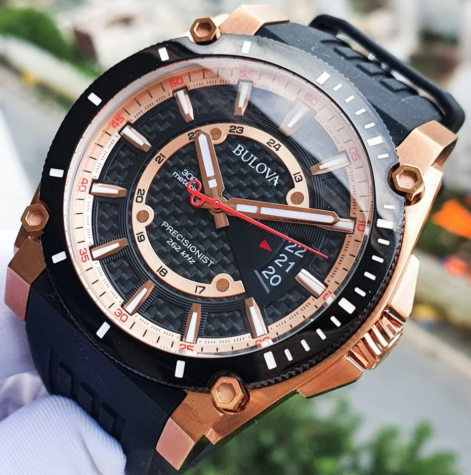 Bulova Precisionist 98B152 Icon Rose Gold Black Dial Polyurethane Men's ...