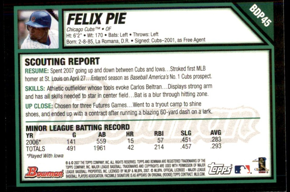 2007 BOWMAN DRAFT PICKS & PROSPECTS FELIX PIE CHICAGO CUBS #BDP45 | eBay