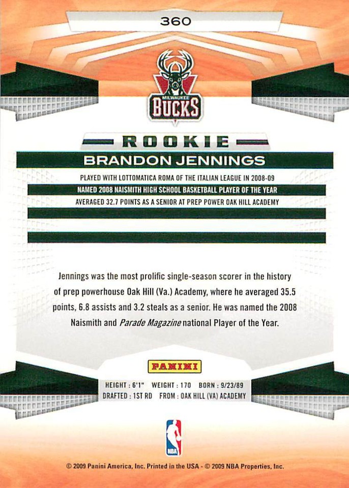 BRANDON JENNINGS 2009-10 Panini ROOKIE RC #360 Bucks | eBay
