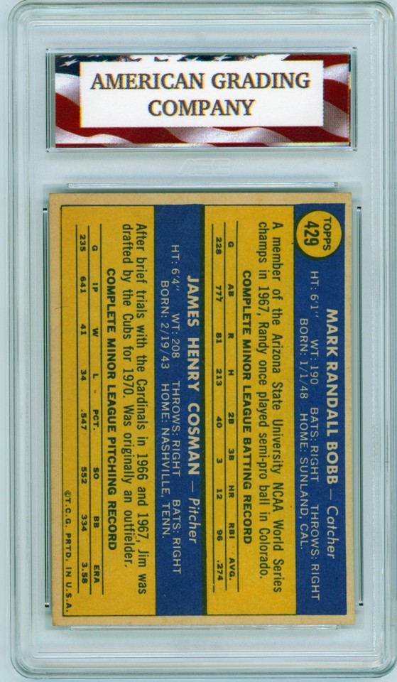 1970 Topps #429 Chicago Cubs Randy Bobb Jim Cosman Rookie AGC 9 Mint | eBay