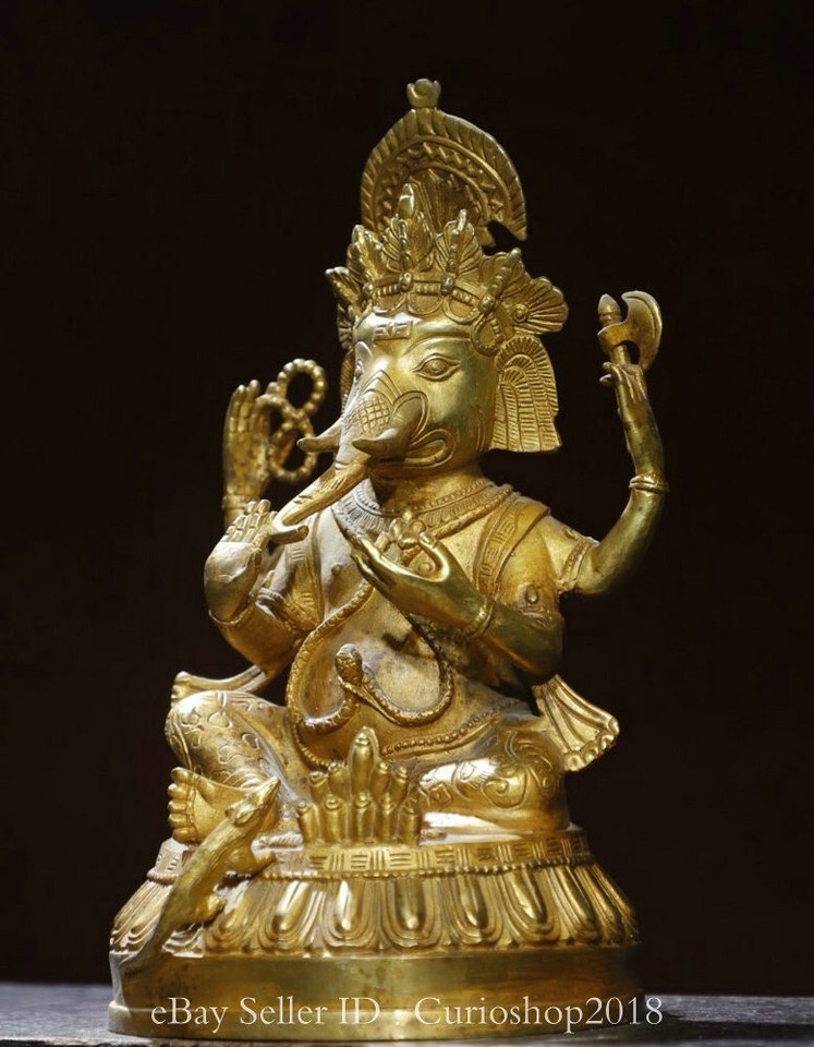 10.4" Old Tibetan Copper Gilt Ganesh Lord Ganesha Elephant God Buddha ...