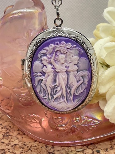 3 Muses White Purple Cameo Large Silver Locket Necklace Photos Lady ...