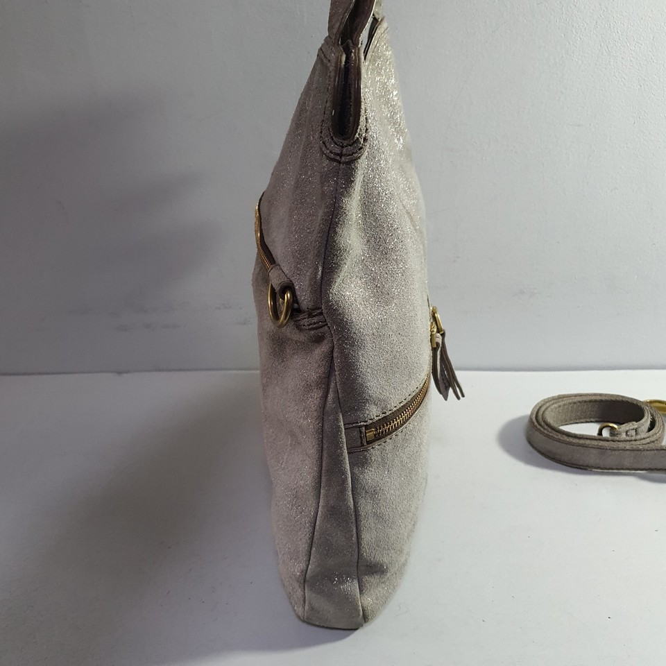 FOSSIL Soft Leather Suede Slouchy Bag Retro Tote Hobo Metallic Shoulder ...