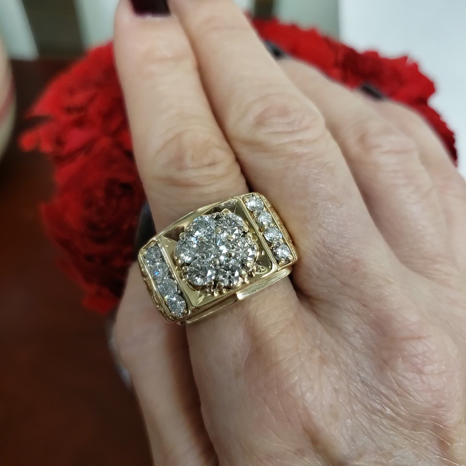 Mens 2.00ct Natural Diamond Kentucky Cluster Wide Nugget Ring in 14k ...