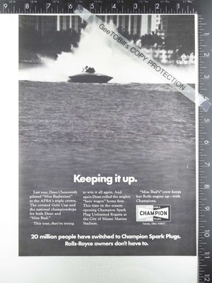 1971 AD, Champion spark plugs 1970 Miss Budweiser race power boat Dean ...
