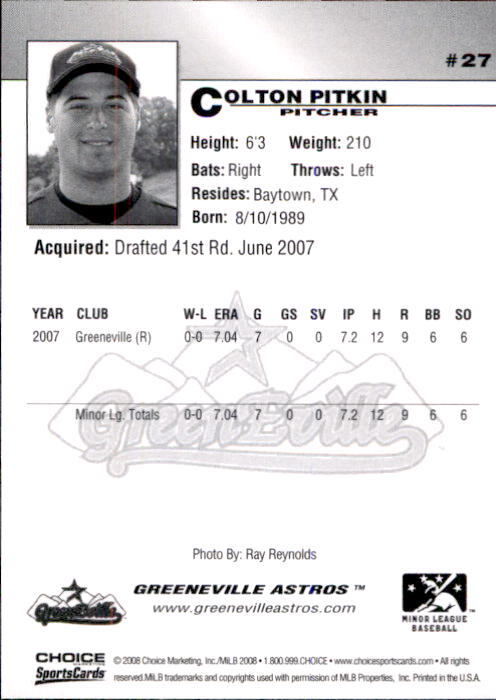 2008 Greeneville Astros Choice #27 Colton Pitkin Baytown Texas TX ...