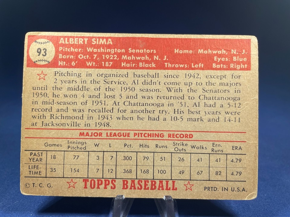 1952 Topps Baseball Card Al Sima #93 Washington Senators | eBay