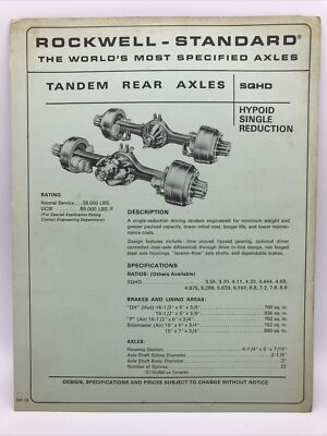 1971 ROCKWELL-STANDARD TANDEM REAR AXLES Hypoid Single Reduction Specs ...