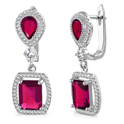 925 Sterling Silver Rectangular Teardrop Red Ruby-Tone CZ Dangle ...