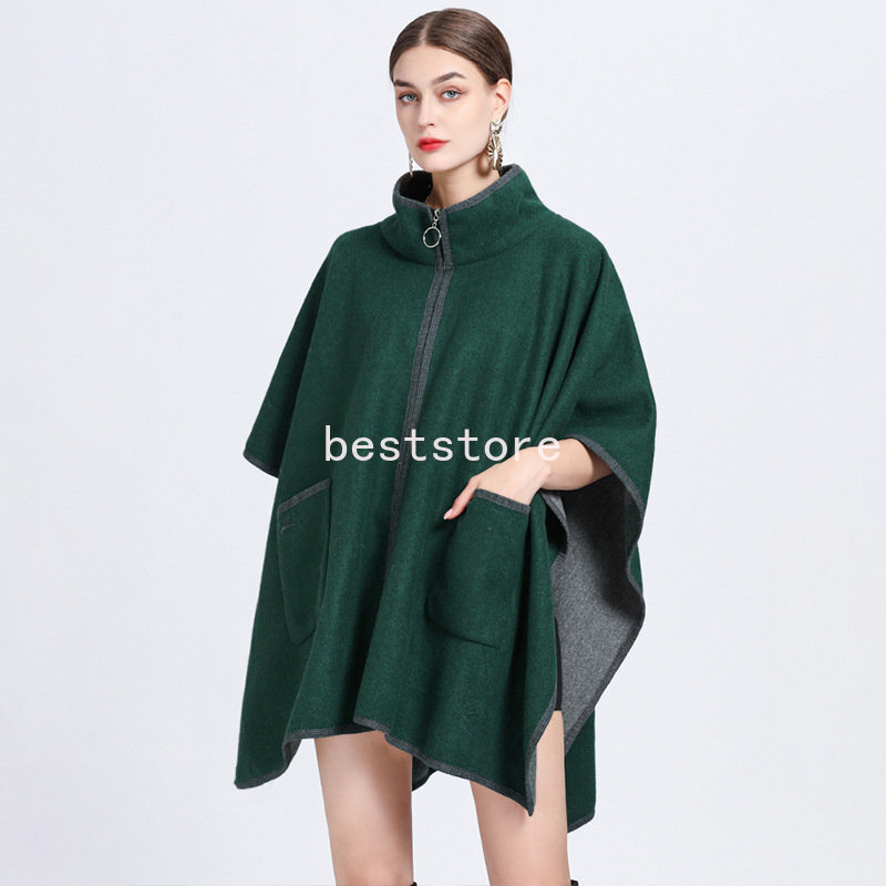 Zipper Women's Cape Oversized Cloak Faux Woolen Stand Collar Coat ...