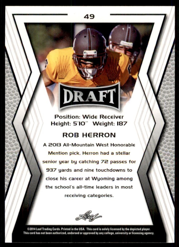 2014 Leaf Draft Robert Herron Rookie Wyoming Cowboys #49 NCAA Football ...