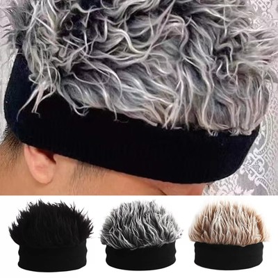 Men Women Novelty Beanie Hats With Spiked Fake Hair Funny Short Wig Cap ...