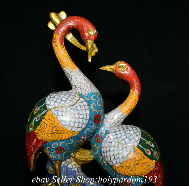 15.2" Old Chinese Bronze Cloisonne Fengshui Cranes Ru Yi Lucky Statue ...
