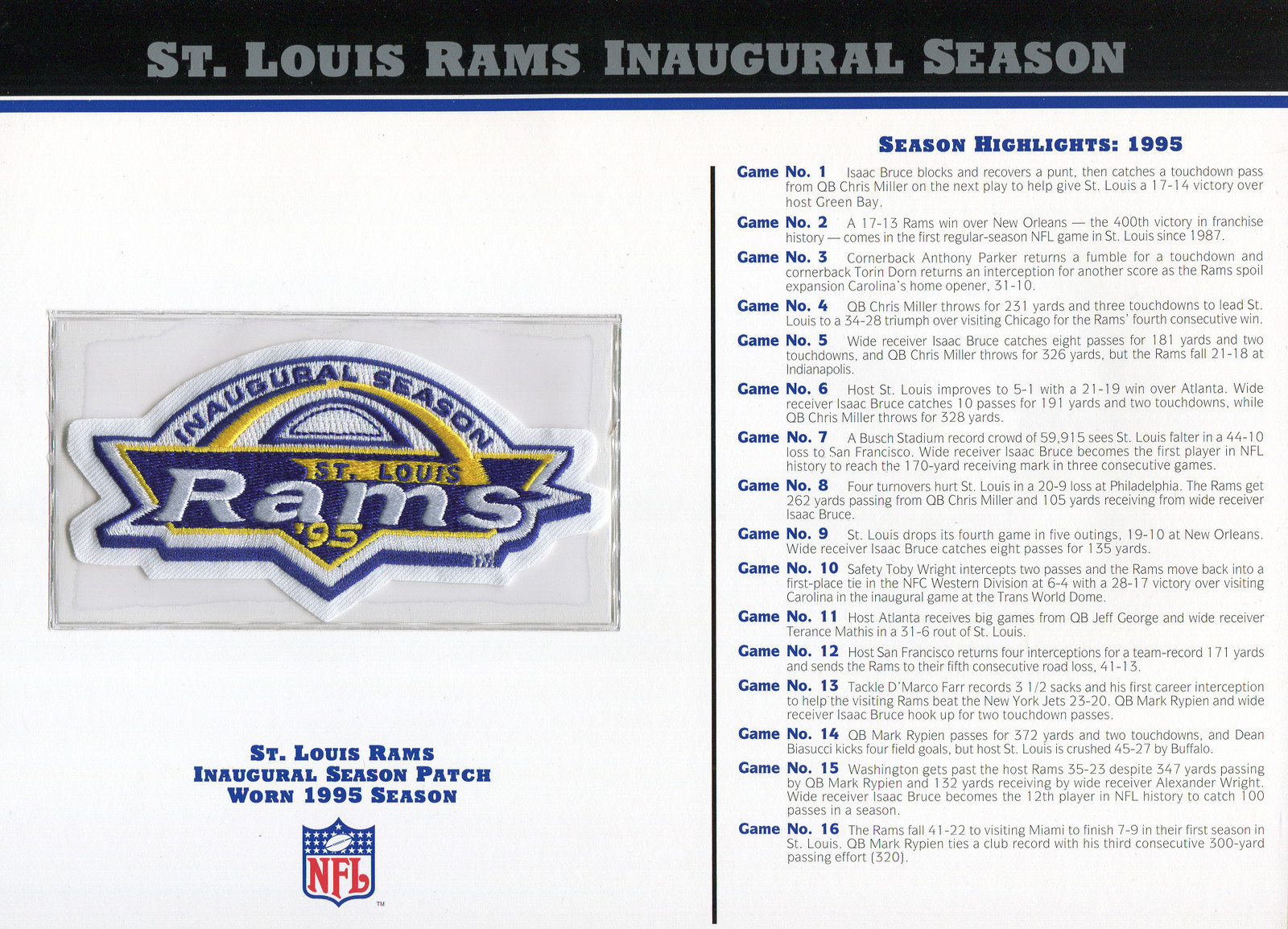 1995 ST. LOUIS RAMS OFFICIAL NFL FOOTBALL 1ST SEASON JERSEY PATCH ...
