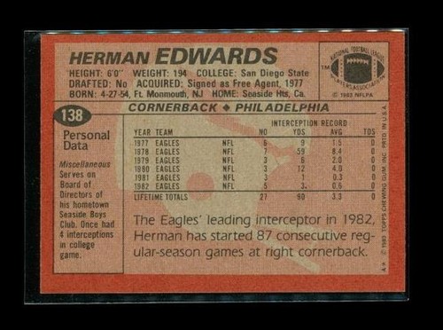 Vintage 1983 TOPPS Football Trading Card #138 HERMAN EDWARDS ...
