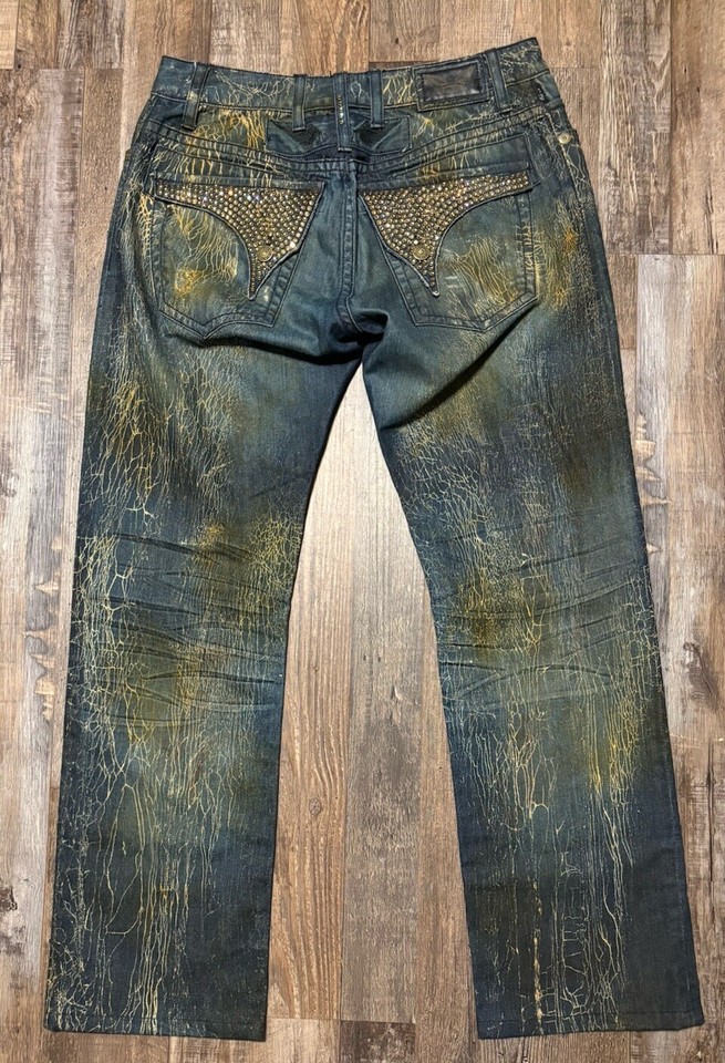 Men's Robins Jean Denim Distressed Flaw Rhinestone Size 34x32 | eBay