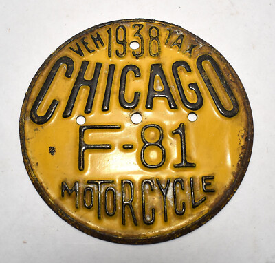 RARE Vintage 1938 Chicago IL Motorcyle Vehicle Tax License Plate Tag | eBay