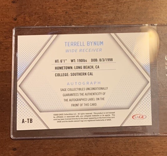 2023 Sage Football Autograph Card Terrell Bynum A-TB | eBay