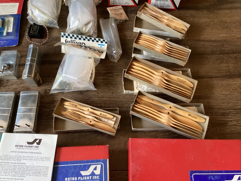 NOS R/C Airplane Parts Lot Astro Flight Motors Wheels Propellers Fuel ...